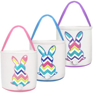 turnmeon 3 pack easter baskets bags for kids, bunny canvas personalized candy easter eggs hunt baskets bucket tote bags with rabbit fluffy tail for boys girls easter party favors decorations gifts toy