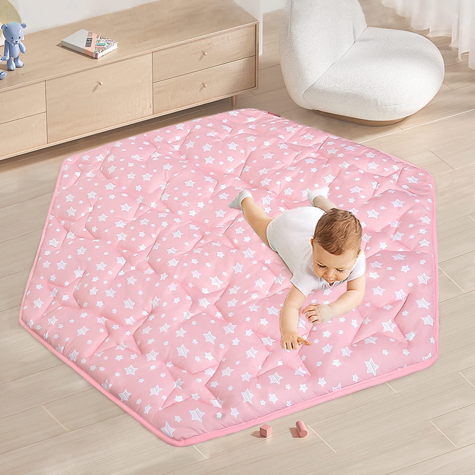 Hexagon Mat Princess Tent Rug, Plush Soft Playpen Mat Fitted for Monobeach Princess Castle, Non Slip Pink Star Nursery Rug for Baby Girl Room Decor, 55" L x 47" W