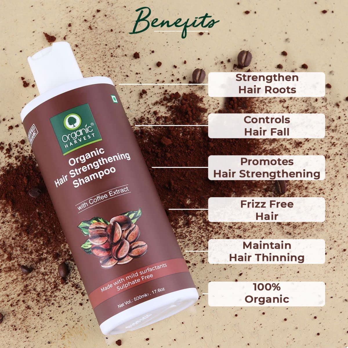 Organic Harvest Coffee Shampoo For Hair Fall Control & Hair Growth, Hair Strengthening Shampoo for Women - 500ml