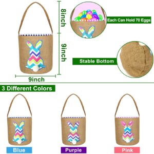 TURNMEON 3 Pack Easter Bunny Baskets Jute Burlap Buckets for Kids, Personalized Candy Easter Eggs Hunt Basket Tote with Rabbit Fluffy Tail Gifts Bags for Boys Girls Easter Party Favors Decorations Toy