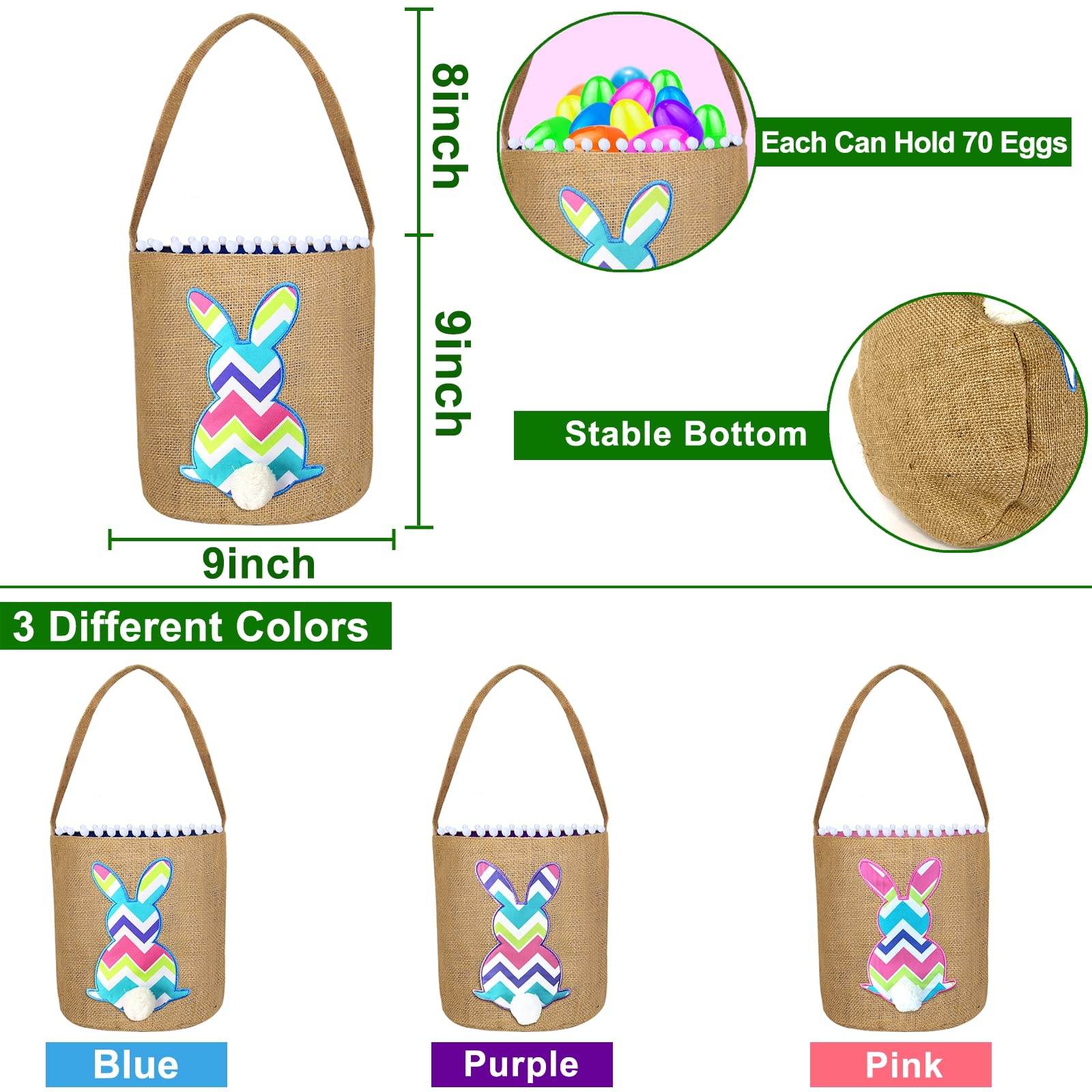 TURNMEON 3 Pack Easter Bunny Baskets Jute Burlap Buckets for Kids, Personalized Candy Easter Eggs Hunt Basket Tote with Rabbit Fluffy Tail Gifts Bags for Boys Girls Easter Party Favors Decorations Toy