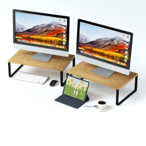 outwolf 2 pack monitor stand riser,bamboo dual desk organizer with rubber non slip pieces for computer laptop printer,upgrated version.