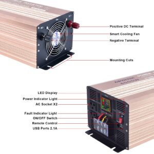 MWXNE 4000 Watts Power Inverters, 24V DC to 110V AC Pure Sine Wave Car Power Adapter with LCD Display, Remote Control, 3 Outlets and Dual 2.4A USB Charging Ports