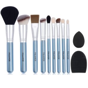 makeup brushes maange 11 pcs premium synthetic travel make up brushes set eye brushes concealer foundation brushes for liquid powder shadow with makeup sponge and brush cleaner (blue)