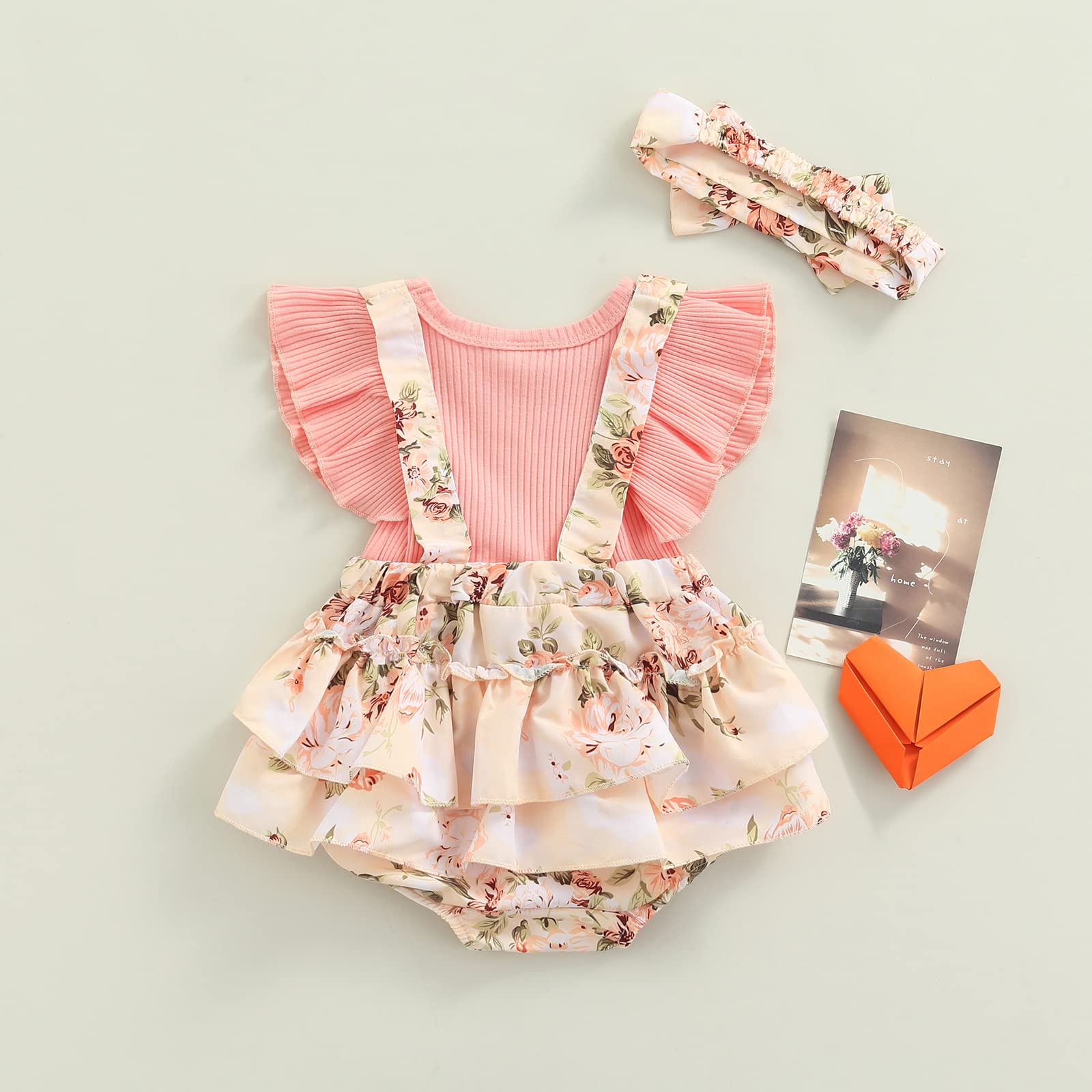 Douhoow 0-18M Newborn Baby Girls Outfit Infant Summer Fly Sleeve Floral Bow Romper +Headband 2pcs /Set (Pink, 3-6 Months)