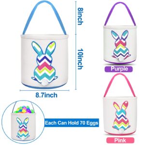 TURNMEON 3 Pack Easter Baskets Bags for Kids, Bunny Canvas Personalized Candy Easter Eggs Hunt Baskets Bucket Tote Bags with Rabbit Fluffy Tail for Boys Girls Easter Party Favors Decorations Gifts Toy