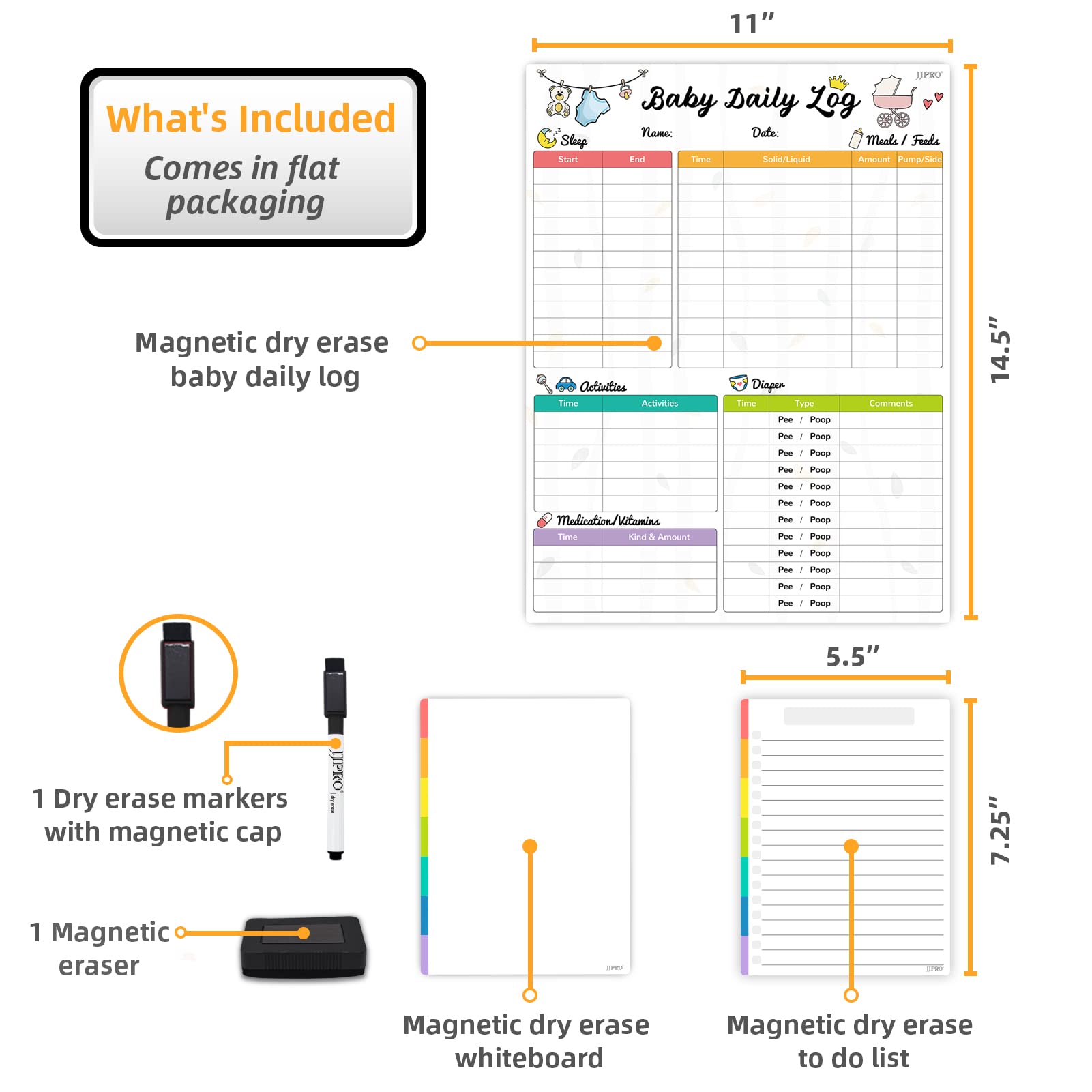 Newborn Baby or Toddler Log Tracker Whiteboard - Reusable Daily Planner Chart to Log Feeding Food, Sleep&Naps, Diaper Change and Daily Activities - for New Parents,Nanny, Babysitter