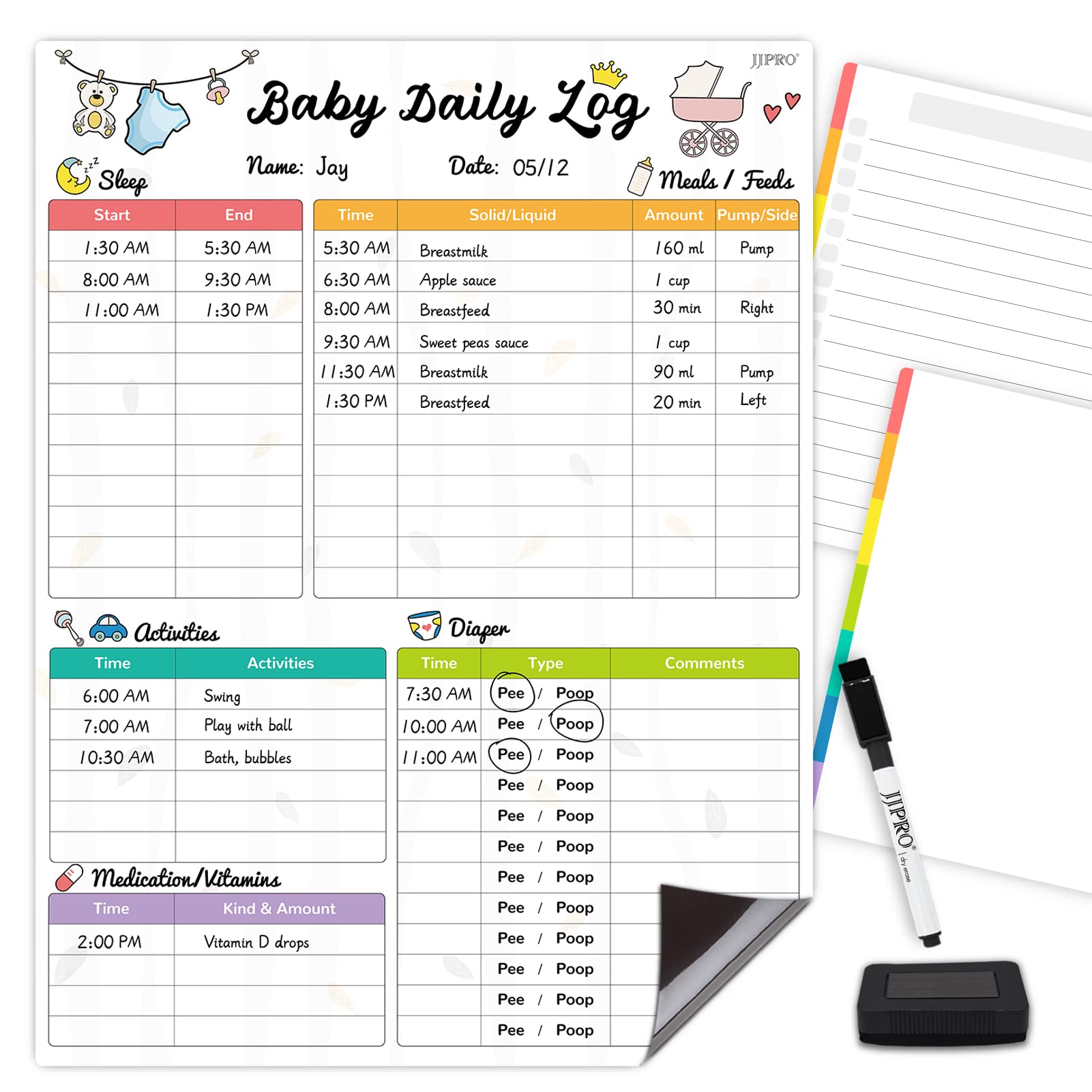 Newborn Baby or Toddler Log Tracker Whiteboard - Reusable Daily Planner Chart to Log Feeding Food, Sleep&Naps, Diaper Change and Daily Activities - for New Parents,Nanny, Babysitter