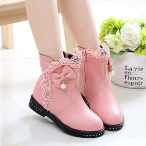 PU Leather Butterfly Knot Princess Shoes for Little Kid/Big Kids Girls 4-12 Years Non-Slip Fur Lining Boots Snow Boots (Pink, 5.5-6Years)