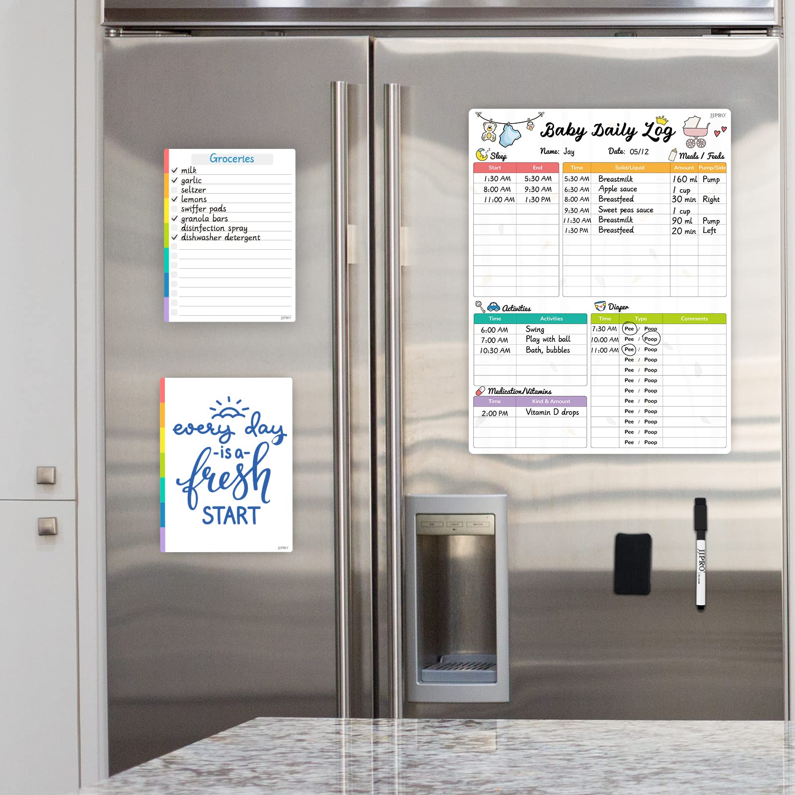 Newborn Baby or Toddler Log Tracker Whiteboard - Reusable Daily Planner Chart to Log Feeding Food, Sleep&Naps, Diaper Change and Daily Activities - for New Parents,Nanny, Babysitter