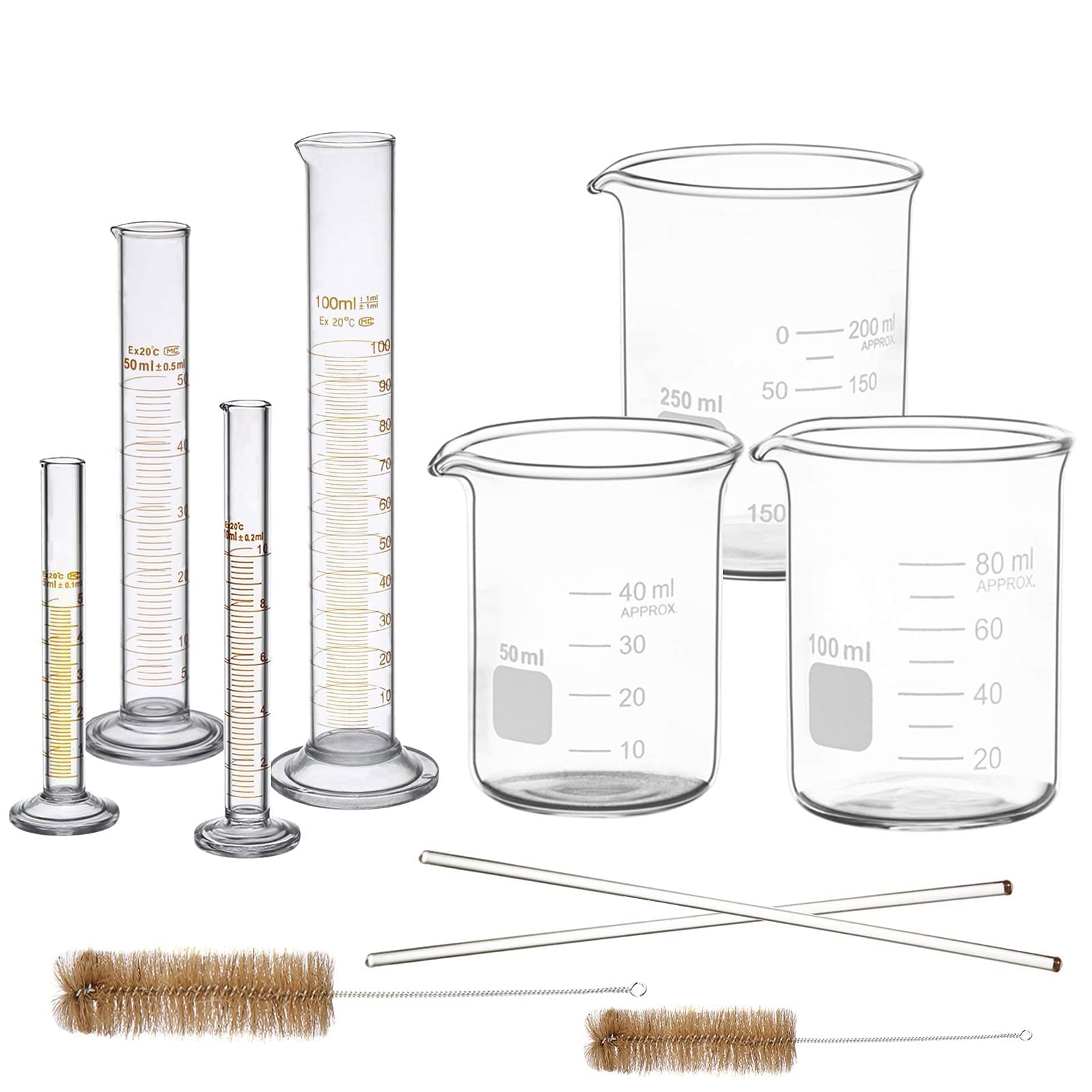 Glass Flask Erlenmeyer Flask Set Narrow Mouth 2000ml Thick Glass Graduated Measuring Cylinder Set 5ml 10ml 50ml 100ml Glass Measuring Beaker Set 50ml 100ml 250ml