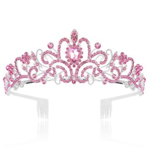 chanaco pink tiara crown - girls' princess birthday crown, women's crystal wedding/halloween headpiece