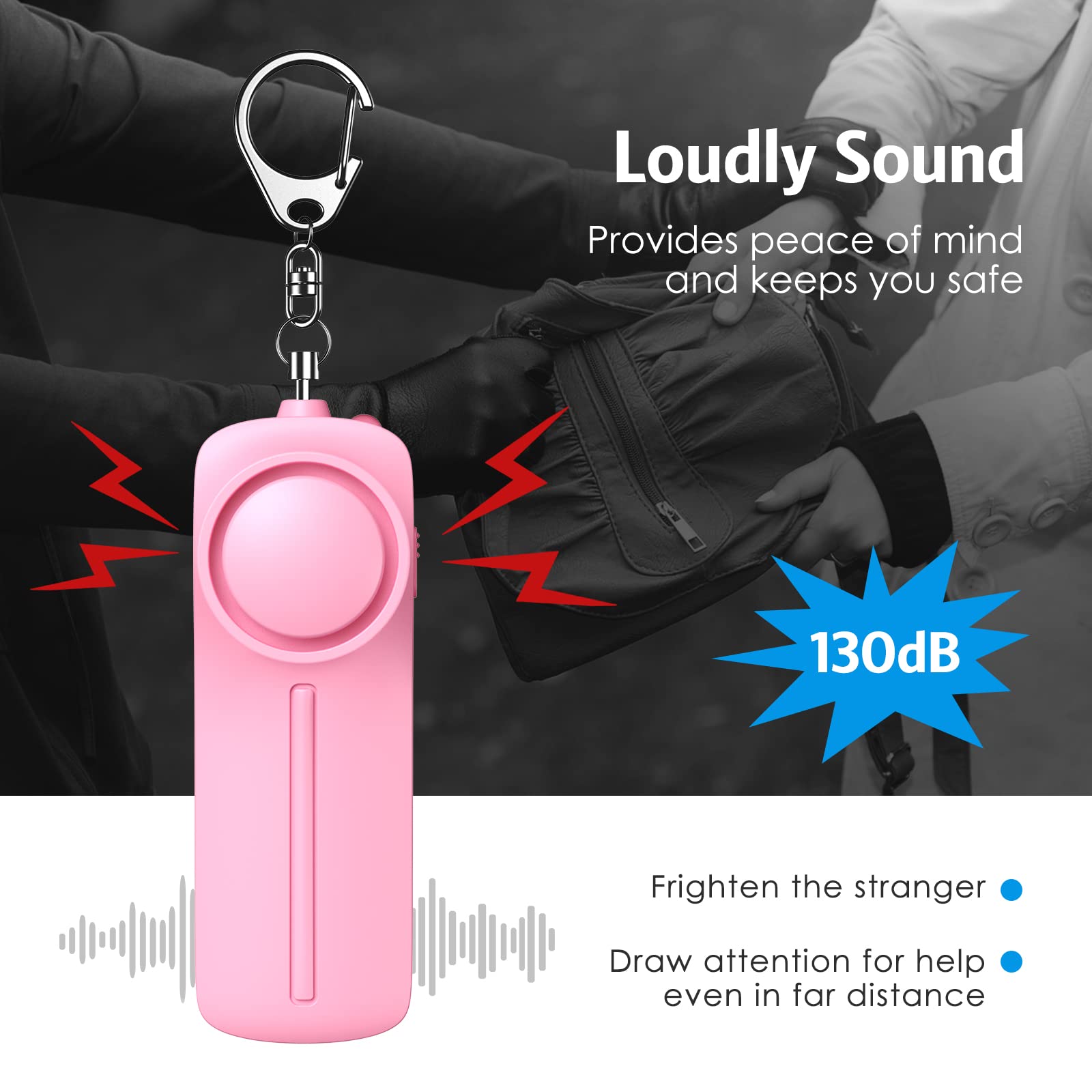 Safety Keychain Set for Women and Kids, 4 Pcs Safety Keychain Accessories, Self Defense Keychain Set for Girls with Safe Sound Personal Alarm, No Touch Door Opener, Whistle and Bottle Opener, Pink