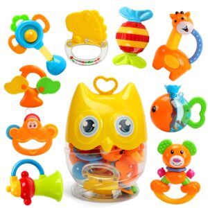 cute stone baby rattles toys set, babies teethers toys for baby 3-12 months, early development learning toy with grasp, spin rattle set and storage box, newborn infant birthday gifts for girls & boys