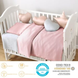 PROMEED Real 22 Momme Silk Baby Crib Duvet Cover Set with Toddler Size Silk Pillowcase, 100% Grade 6A Natural Mulberry Silk Crib Bedding Sets for Boys/Girls (Pink, Crib)