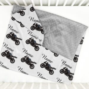 custom motorcycle soft minky baby blankets with name, personalized dirt bike baby blanket for boys kids, motocross name blanket, soft plush toddler blankets for infant babies