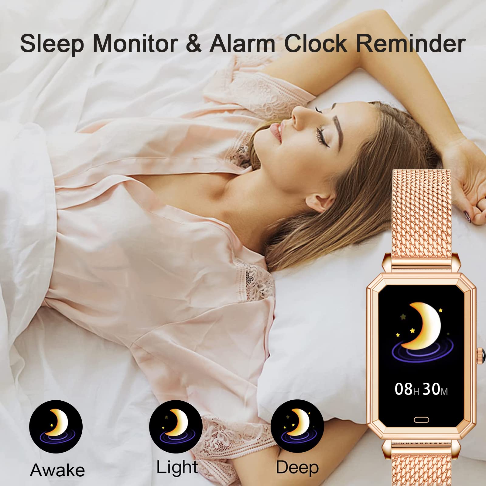 Smart Watch for Women, Waterproof Ladies Fitness Traker Blood Pressure Heart Rate Blood Oxygen Sleep Monitor Message Notification Sport Pedometer, Smartwatch Girls Bracelet for iOS Android(Gold Rose)