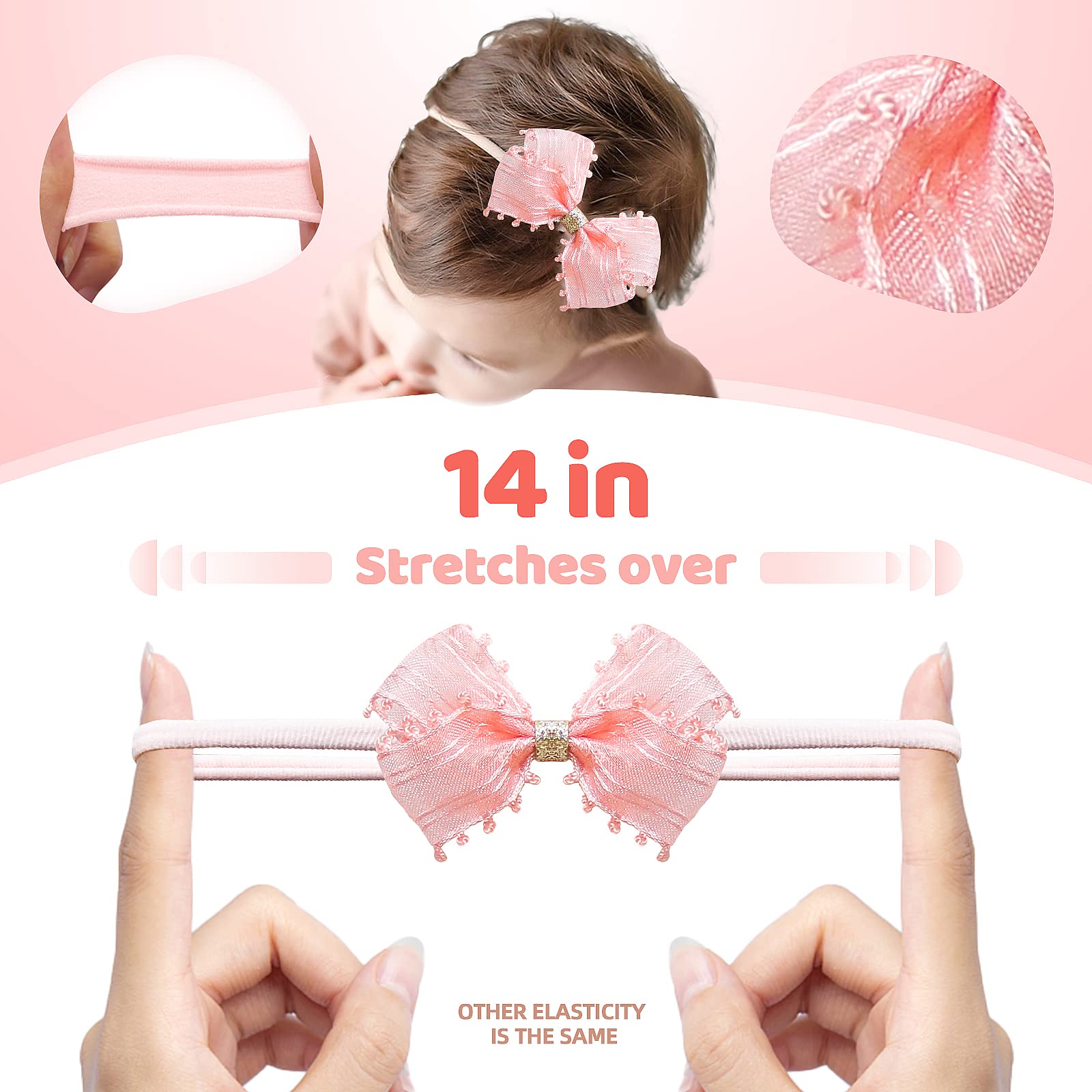 PONAPO Baby Girls Headbands with Bows, 10PCS Infant Headbands Elastics for Newborn, Toddlers, Kids - Pink