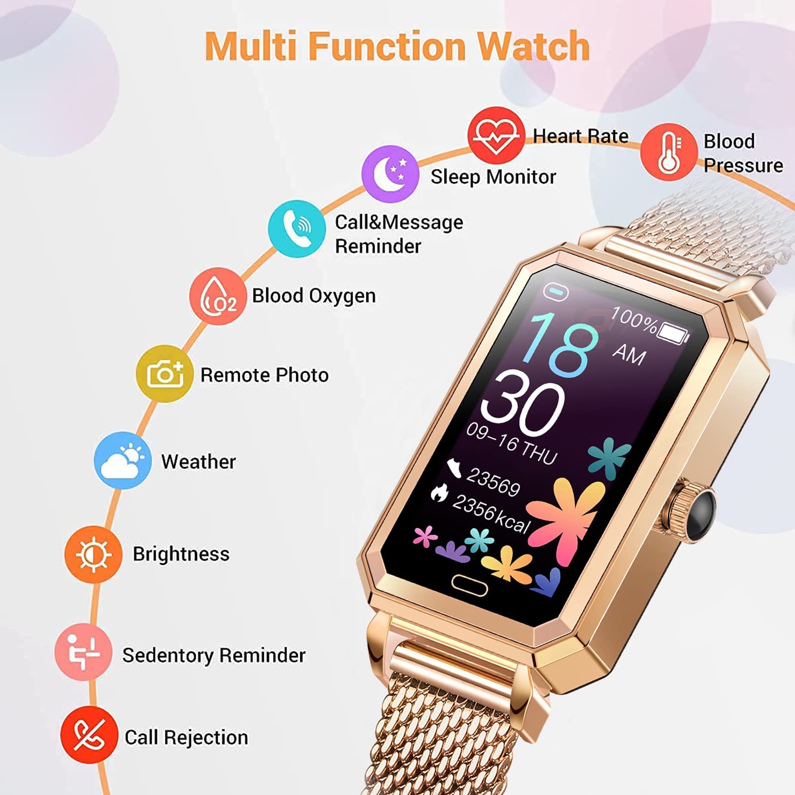 Smart Watch for Women, Waterproof Ladies Fitness Traker Blood Pressure Heart Rate Blood Oxygen Sleep Monitor Message Notification Sport Pedometer, Smartwatch Girls Bracelet for iOS Android(Gold Rose)