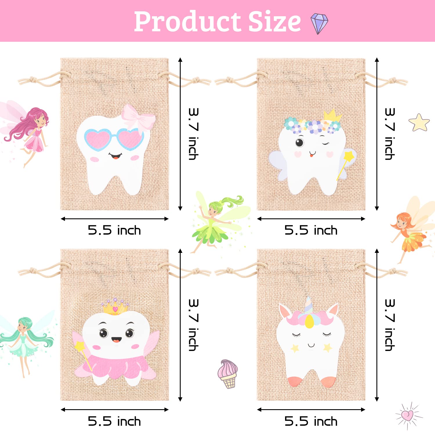 4Pcs Tooth Fairy Bag for Girls Pouch Tooth Fairy Keepsake Bag to Place Under Pillow Milk Teeth Container Box Personalized Lost Tooth Holder Baby Toddler Teeth Case for Baby Shower Birthday Gift