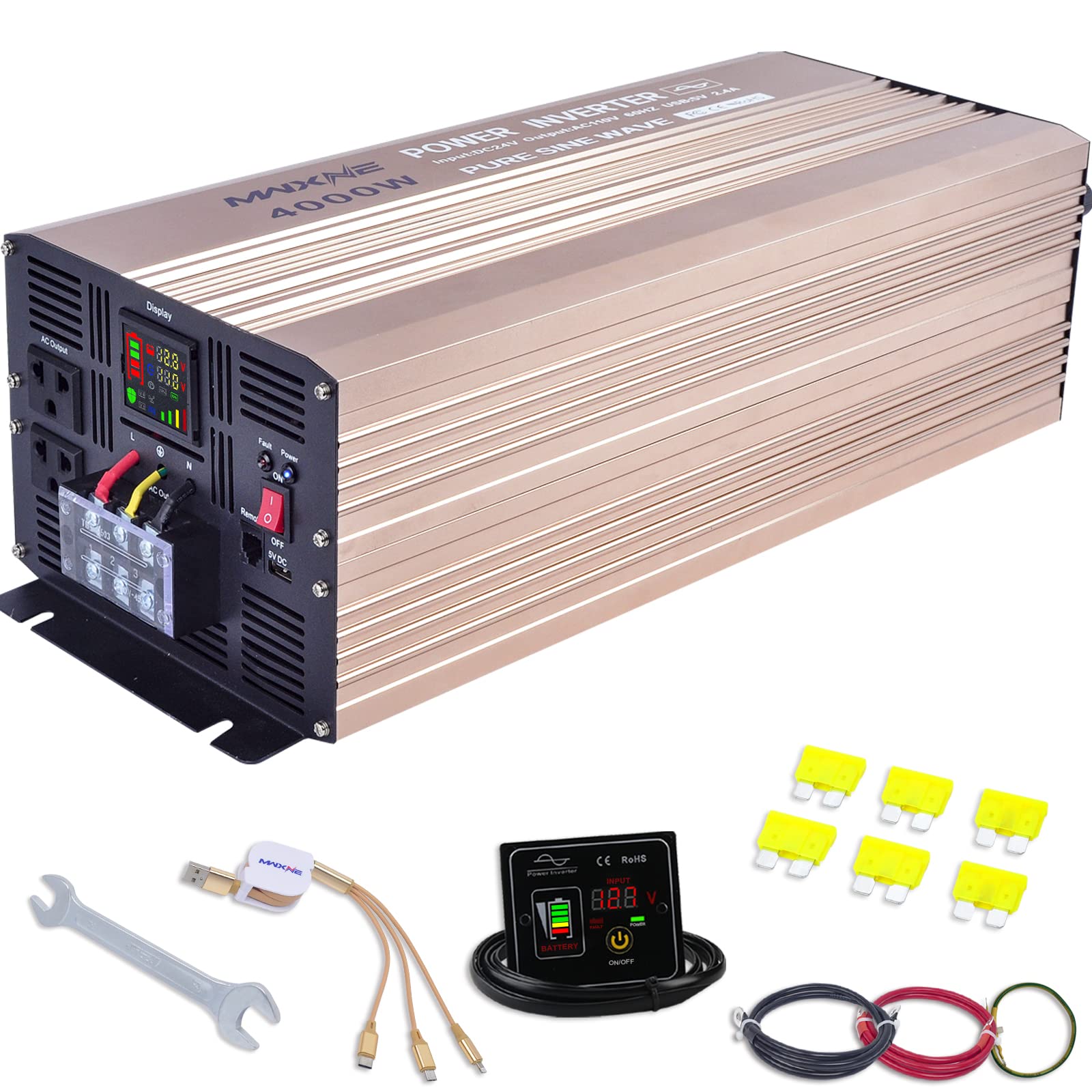 MWXNE 4000 Watts Power Inverters, 24V DC to 110V AC Pure Sine Wave Car Power Adapter with LCD Display, Remote Control, 3 Outlets and Dual 2.4A USB Charging Ports