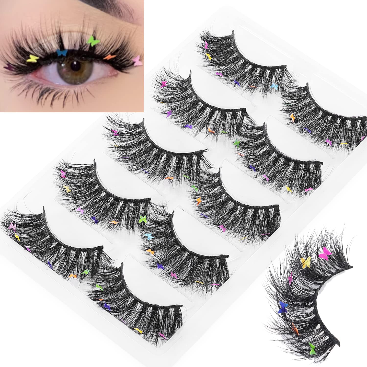 gootrades Butterfly Lashes Rainbow Flutter Splashes False Eyelashes,20mm Handmade 3D Faux Mink Hair Wispy Fluffy Lash for Daily Halloween Cosplay Costume Eyelashes (5 Pairs)