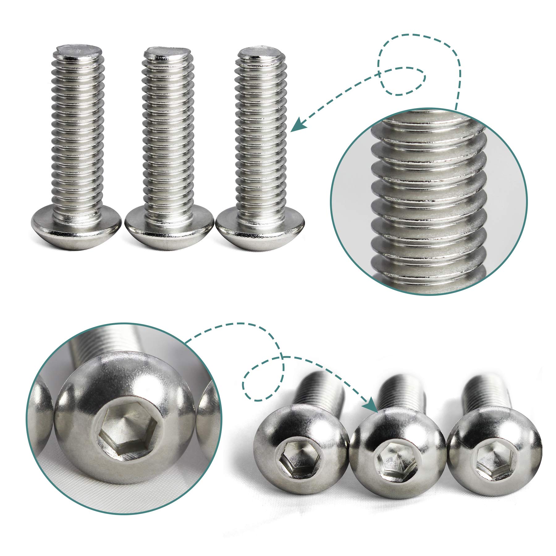 M8 x 10mm Button Head Socket Cap Screws Bolts, 304 Stainless Steel, Bright Finish, Metric Allen Hex Drive, Fully Threaded, 25PCS