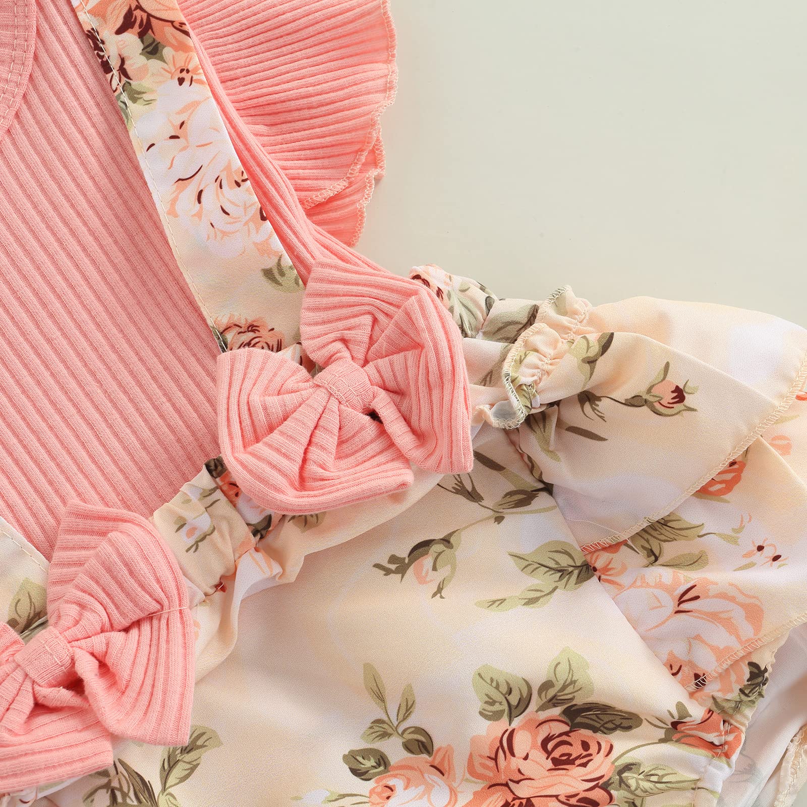 Douhoow 0-18M Newborn Baby Girls Outfit Infant Summer Fly Sleeve Floral Bow Romper +Headband 2pcs /Set (Pink, 3-6 Months)