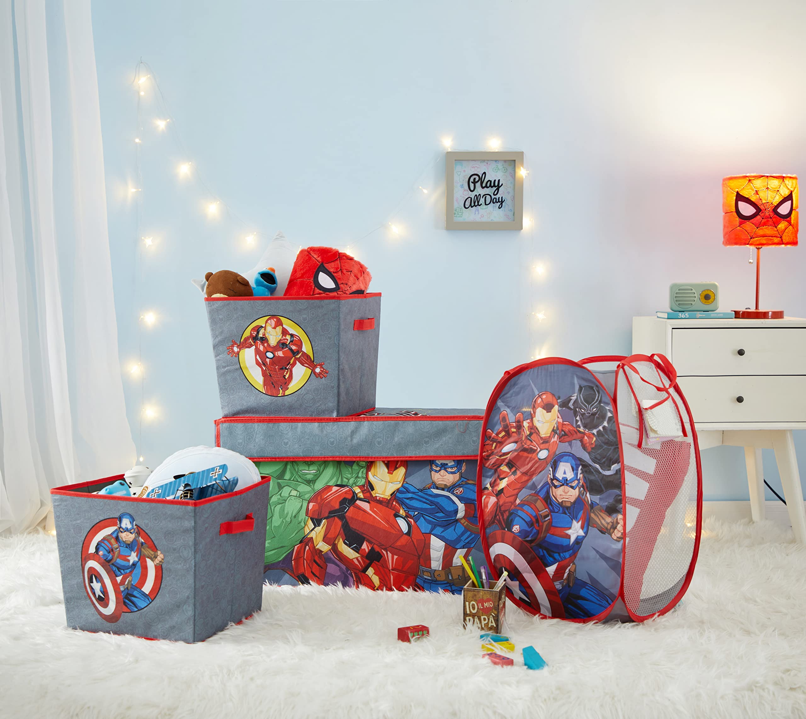 Marvel Spiderman 4 Piece Storage Solution Set with Pop Up Hamper, Collapsible Storage Trunk and 2 Nestable Storage Bins