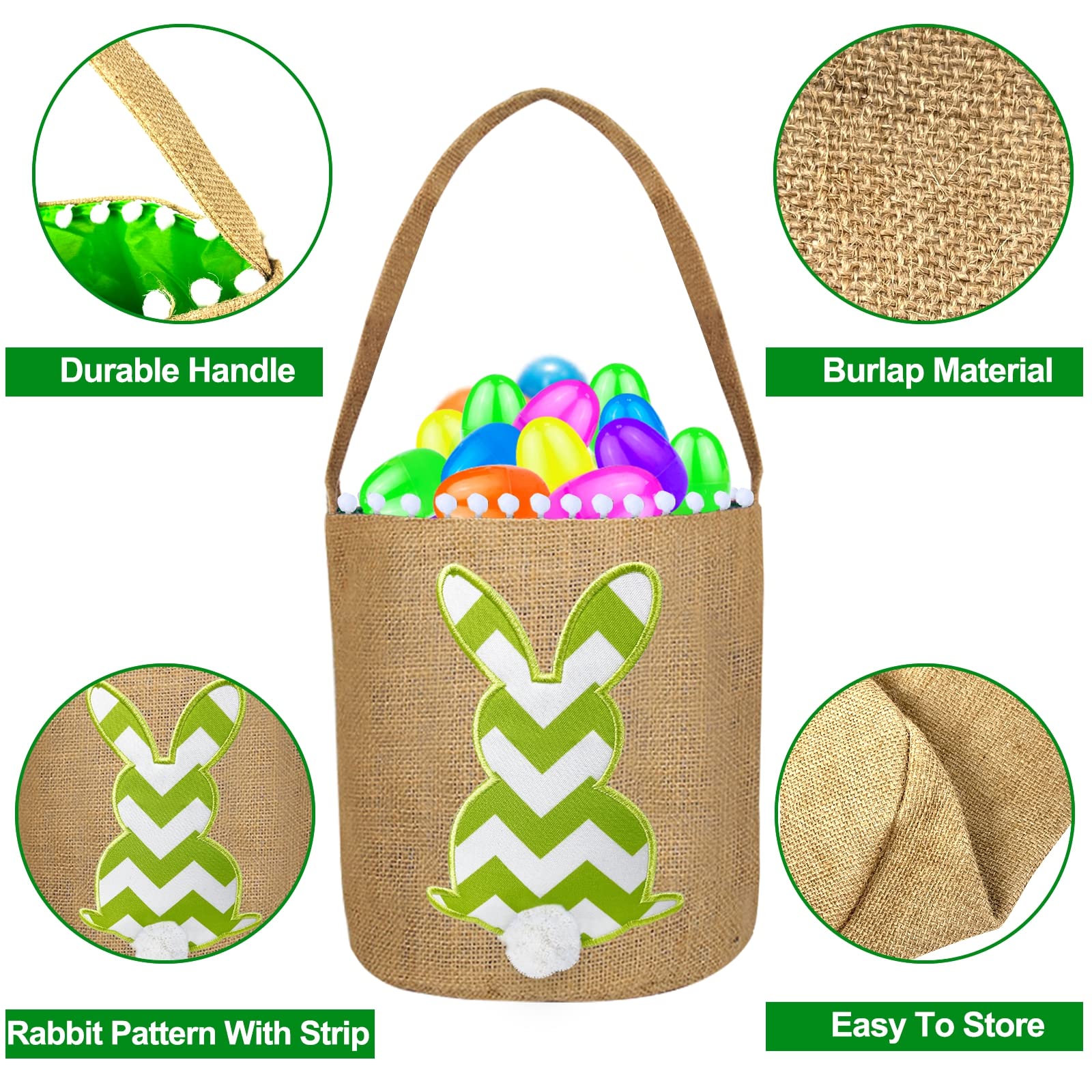 TURNMEON 3 Pack Easter Bunny Baskets for Kids, Personalized Candy Easter Eggs Hunt Basket Tote with Rabbit Fluffy Tail Gifts Bags for Boys Girls Easter Party Favors Decorations Toy