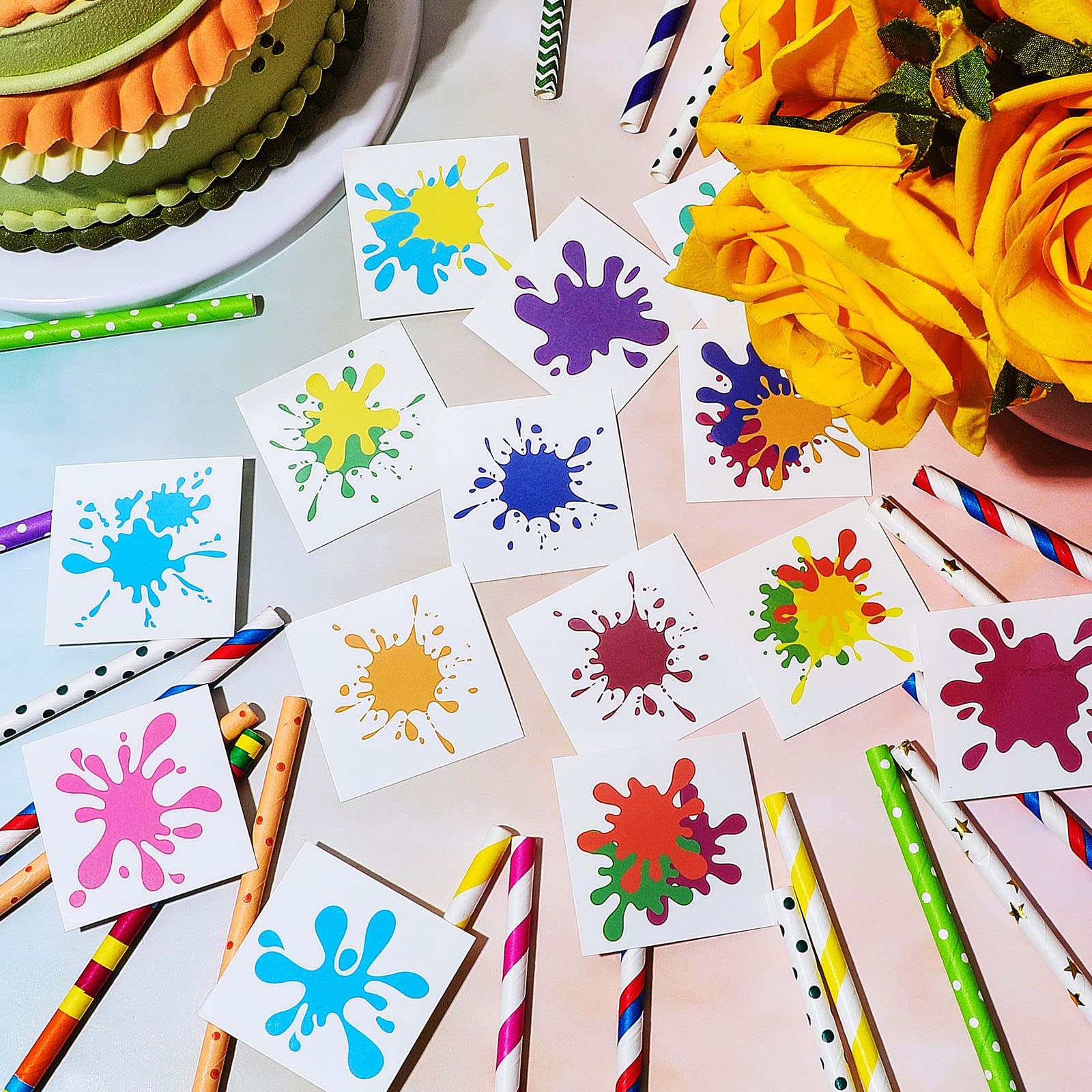 144 Pieces Artist Party Paint Splash Tattoos Artist Paint Temporary Tattoos for Art Paint Party Favors Creative Birthday Party Decoration Supplies Apparel Accessories