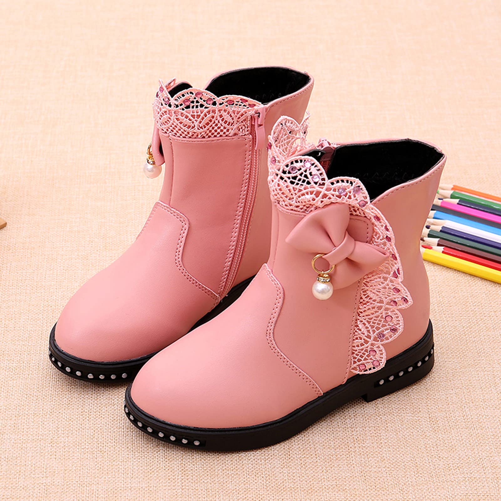 PU Leather Butterfly Knot Princess Shoes for Little Kid/Big Kids Girls 4-12 Years Non-Slip Fur Lining Boots Snow Boots (Pink, 4-4.5Years)