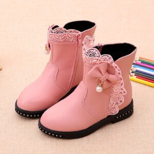 PU Leather Butterfly Knot Princess Shoes for Little Kid/Big Kids Girls 4-12 Years Non-Slip Fur Lining Boots Snow Boots (Pink, 10-10.5Years)