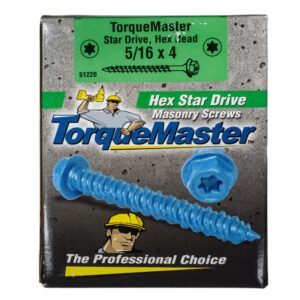 TorqueMaster Star Drive Hex Washer Head Masonry Screws, 100 Pieces with Drill Bit - 5/16" x 4" Concrete Masonry Screws, Rust Resistant High Strength Hex Head Screws and Drill Bit