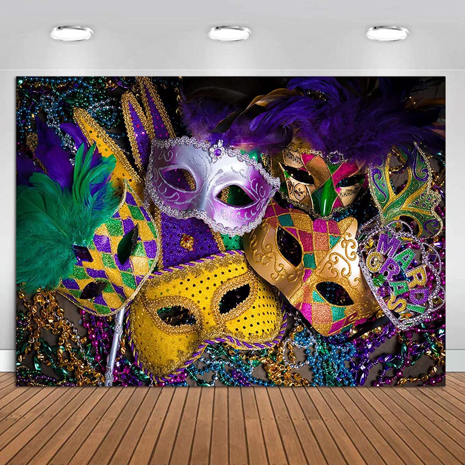 Vinyl 8X6FT Purple Green Gold Beads Masquerade Party Photography Backdrop for Carnival Fiesta Mardi Gras Dance Photo Background Supplies Children Birthday Photo Booths Props Decorations