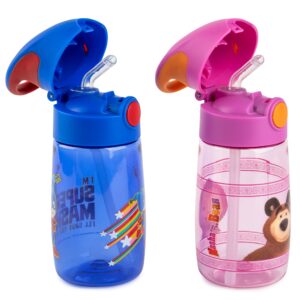 masha and the bear 14oz kids water bottle with straw - spill proof straw valve, pop button, bpa free water bottle for kids school - featuring soft silicone handle grip - children's drinkware - blue