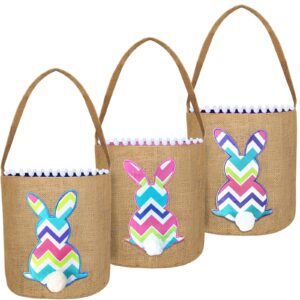 turnmeon 3 pack easter bunny baskets jute burlap buckets for kids, personalized candy easter eggs hunt basket tote with rabbit fluffy tail gifts bags for boys girls easter party favors decorations toy