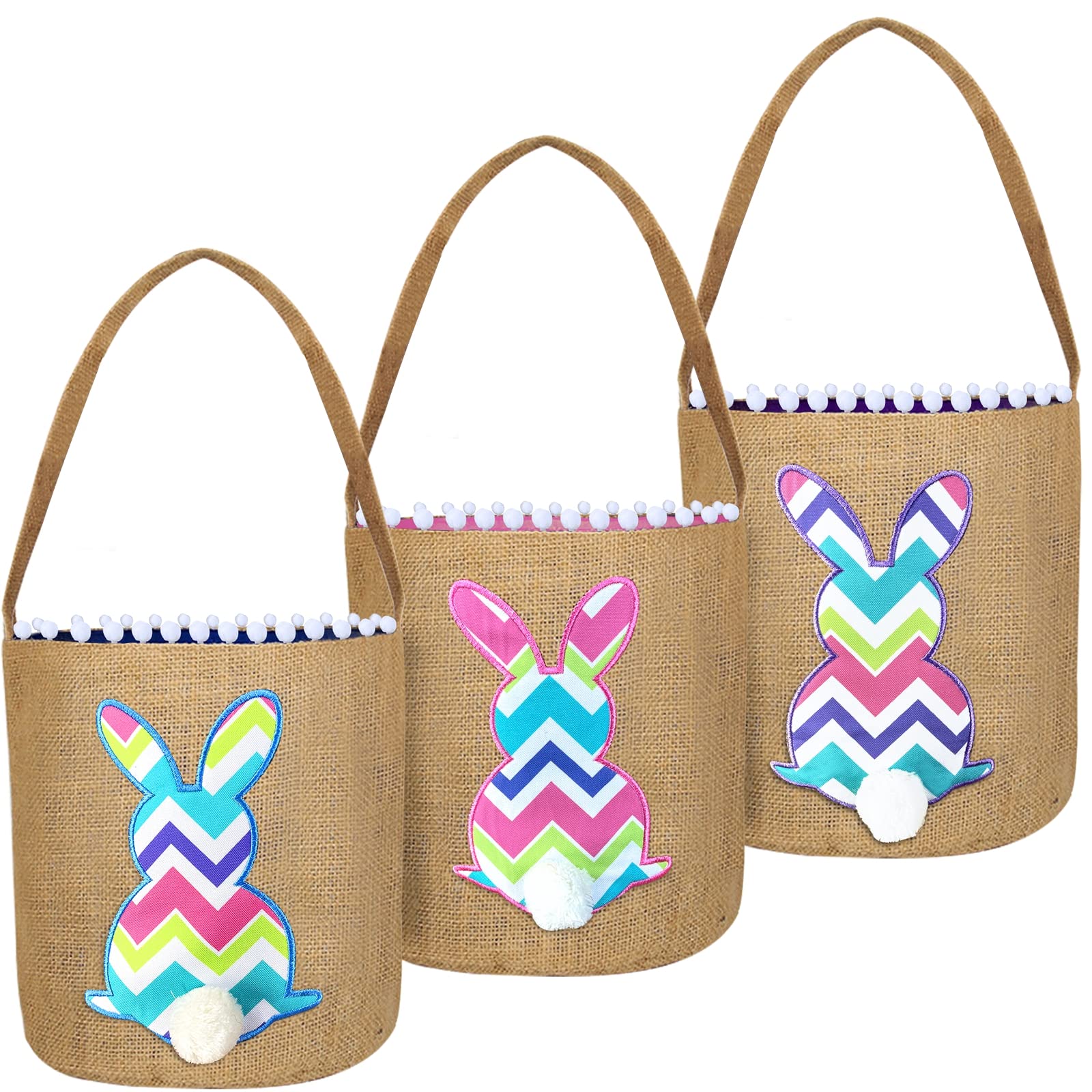 TURNMEON 3 Pack Easter Bunny Baskets Jute Burlap Buckets for Kids, Personalized Candy Easter Eggs Hunt Basket Tote with Rabbit Fluffy Tail Gifts Bags for Boys Girls Easter Party Favors Decorations Toy