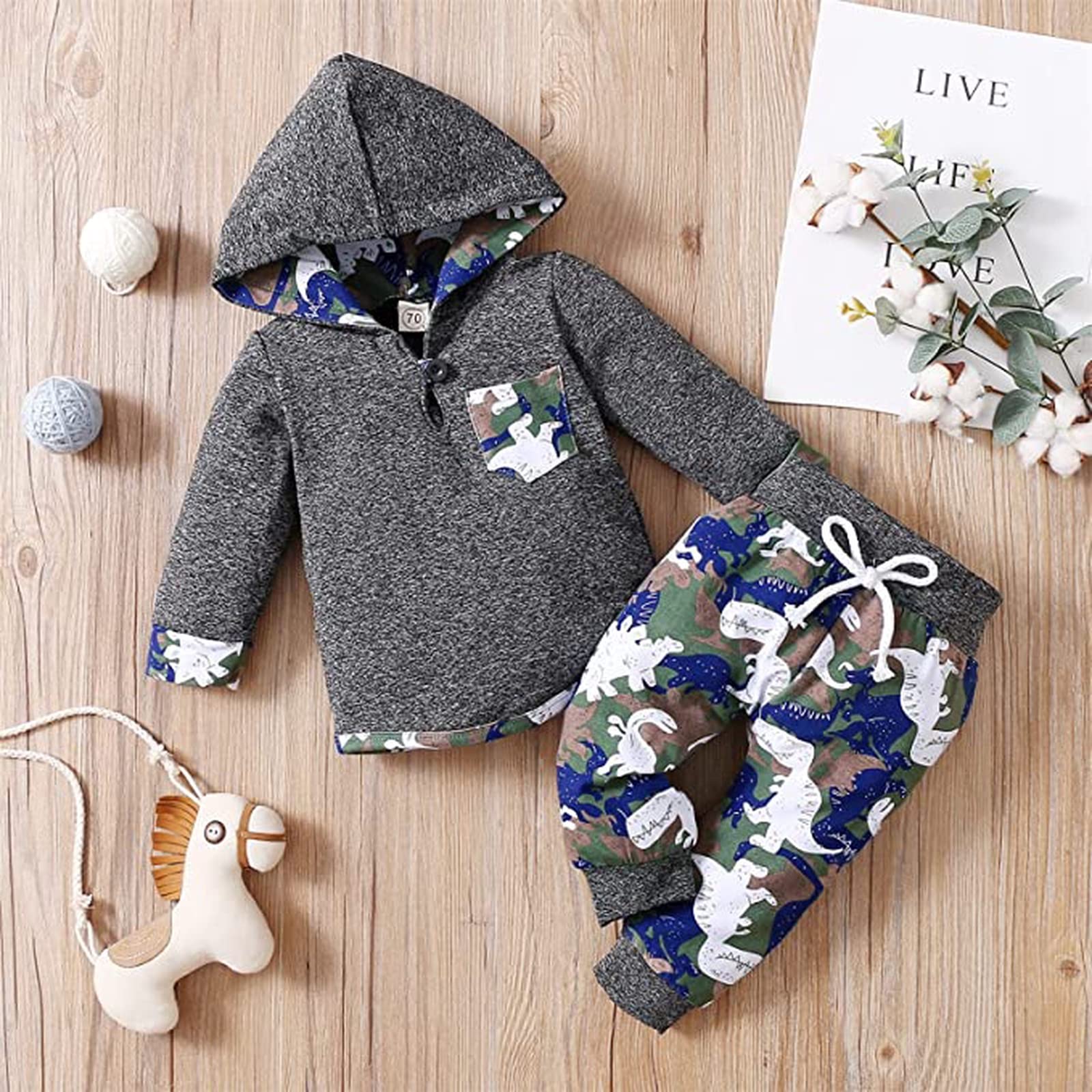 FOCICI Toddler Baby Boy Clothes Infant Spring Winter Outfits Pocket Hoodie Sweatshirt Dinosaur Pants Grey Blue 18-24 Months