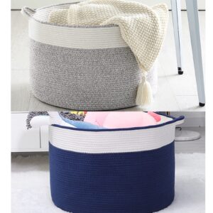 large cotton rope basket, blanket basket 22" x 22" x 14" woven cotton rope basket toy basket soft storage basket white & navy blue