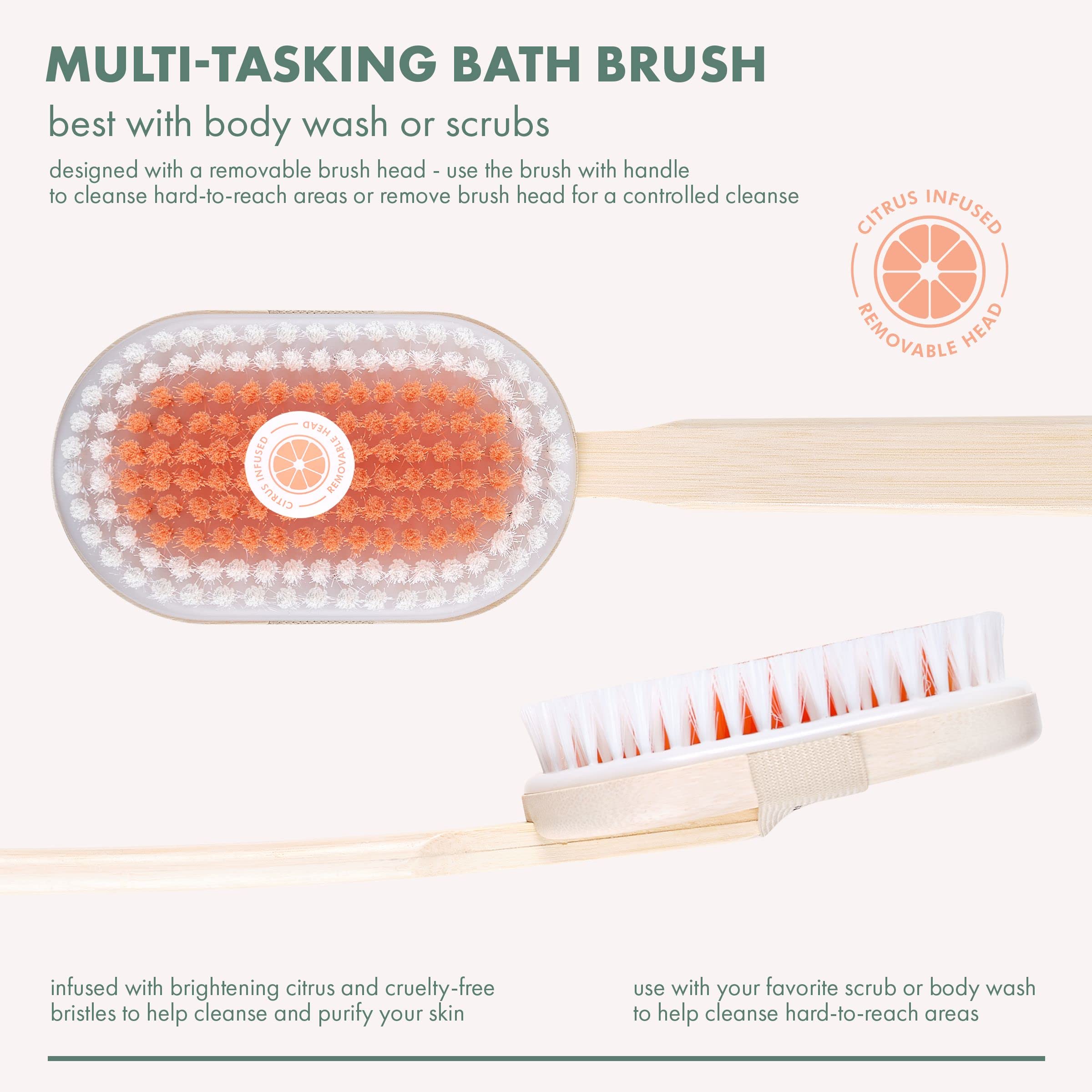 EcoTools Multi-Tasking Bath Brush, Citrus Infused Shower Brush, Long Ergonomic Handle & Soft Bristles, Back Scrubber, Gentle Exfoliating Bath Brush, Cleanses Hard To Reach Areas, Cruelty-Free, 1 Count