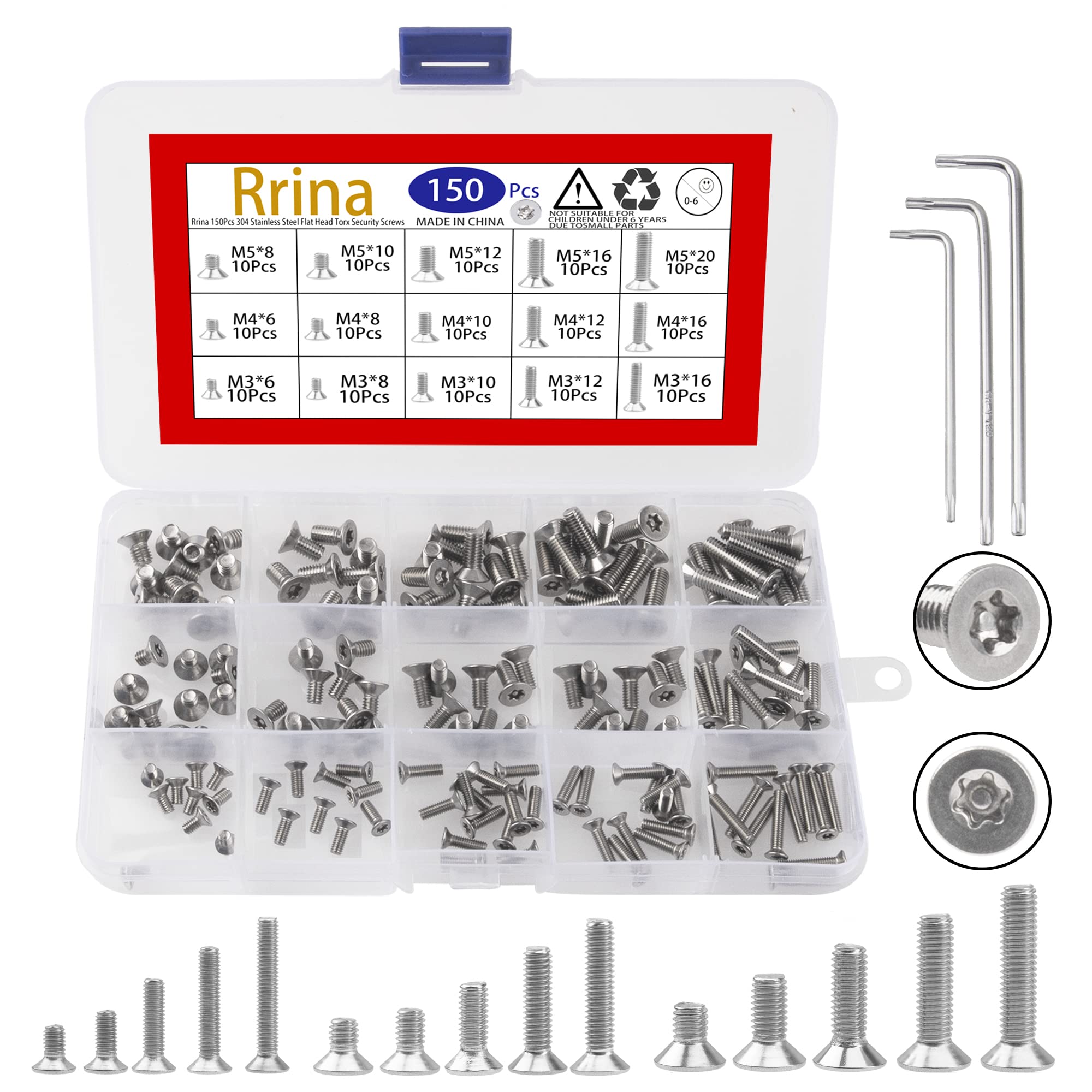 Rrina 150Pcs 304 Stainless Steel Flat Head Torx Security Machine Screws Tamper Resistant Screw Assortment Set, M3 M4 M5 with 3 Wrench(T10 T20 T25)