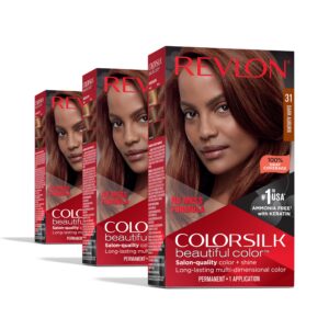 permanent hair color by revlon, permanent red hair dye, colorsilk with 100% gray coverage, ammonia-free, keratin and amino acids, red shades, 42 medium auburn (pack of 3)