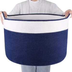 Large Cotton Rope Basket, Blanket Basket 22" x 22" x 14" Woven Cotton Rope Basket Toy Basket Soft Storage Basket White & Navy Blue