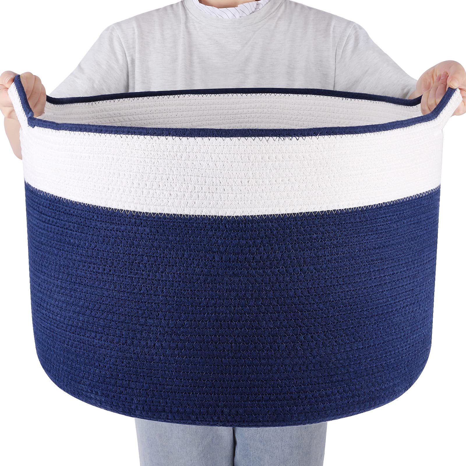 Large Cotton Rope Basket, Blanket Basket 22" x 22" x 14" Woven Cotton Rope Basket Toy Basket Soft Storage Basket White & Navy Blue