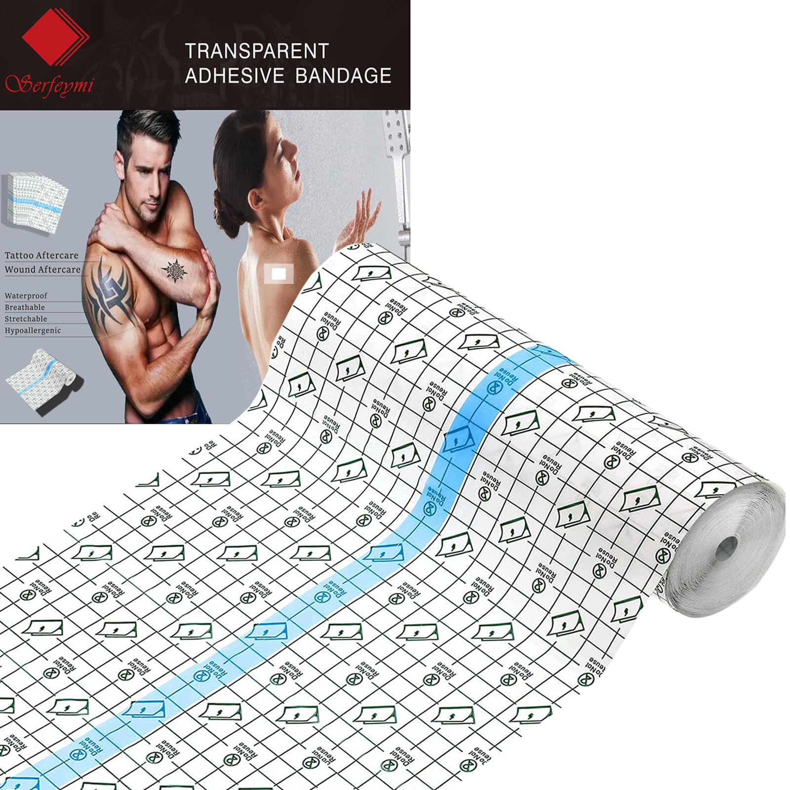 Serfeymi Tattoo Aftercare Waterproof Bandage Tattoo Cover Up Tape Transparent Film Dressing Second Skin Bandage Tattoo Adhesive Wrap for Tattoo Healing Protection - 6 Inch x 1.1 Yard Roll