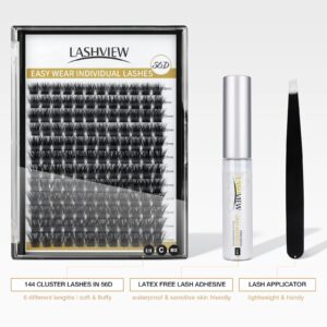 LASHVIEW DIY Lash Extension Kit,Cluster Lashes,Individual Cluster Lashes Soft and Lightweight, 0.10mm 9-14mm Mixed Reusable Wide Band Lash Cluster at Home