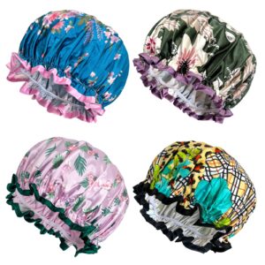 4 pcs double layers reusable extra large shower caps waterproof, elastic satin shower cap for women, hair bath cap bathing shower hat xl