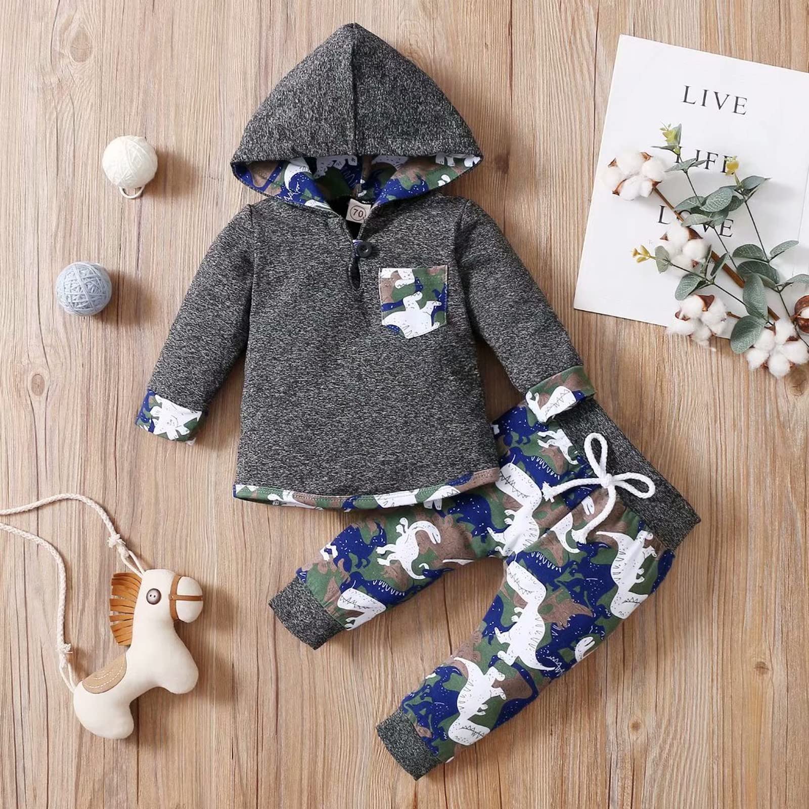 FOCICI Toddler Baby Boy Clothes Infant Spring Winter Outfits Pocket Hoodie Sweatshirt Dinosaur Pants Grey Blue 18-24 Months