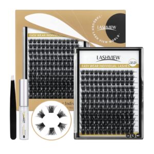 lashview diy lash extension kit,cluster lashes,individual cluster lashes soft and lightweight, 0.10mm 9-14mm mixed reusable wide band lash cluster at home